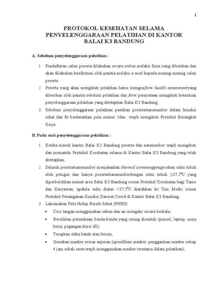 Health Protocols for Training Activities at the Bandung OHS Center | PDF