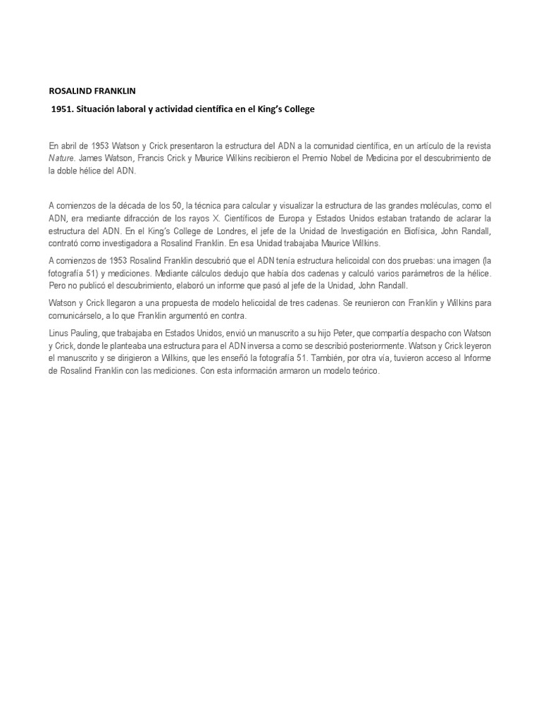 Rosalind Franklin. A. Sayre y J.D. Watson | PDF | Francis Crick | James ...