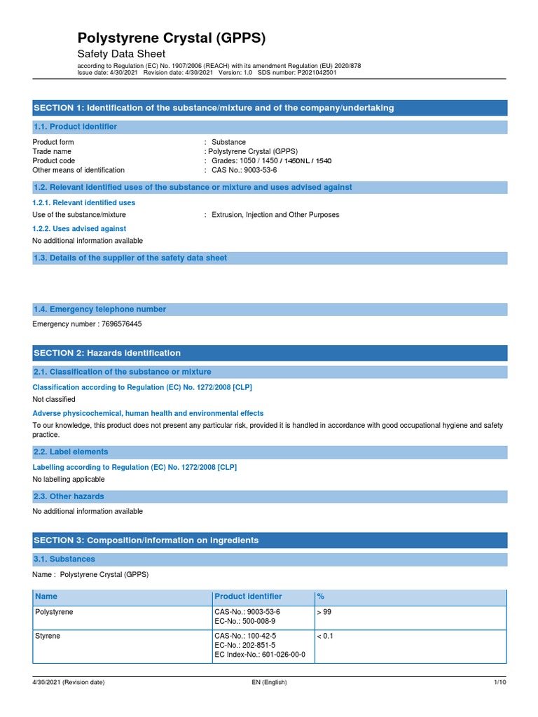 MSDS Polystyrene Crystal (GPPS) | PDF | Physical Sciences | Chemistry