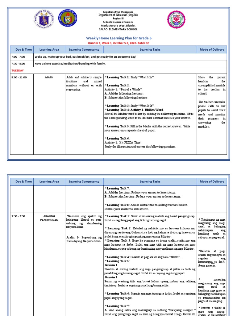 Weekly Home Learning Plan For Grade 6.docx Week 1 | PDF