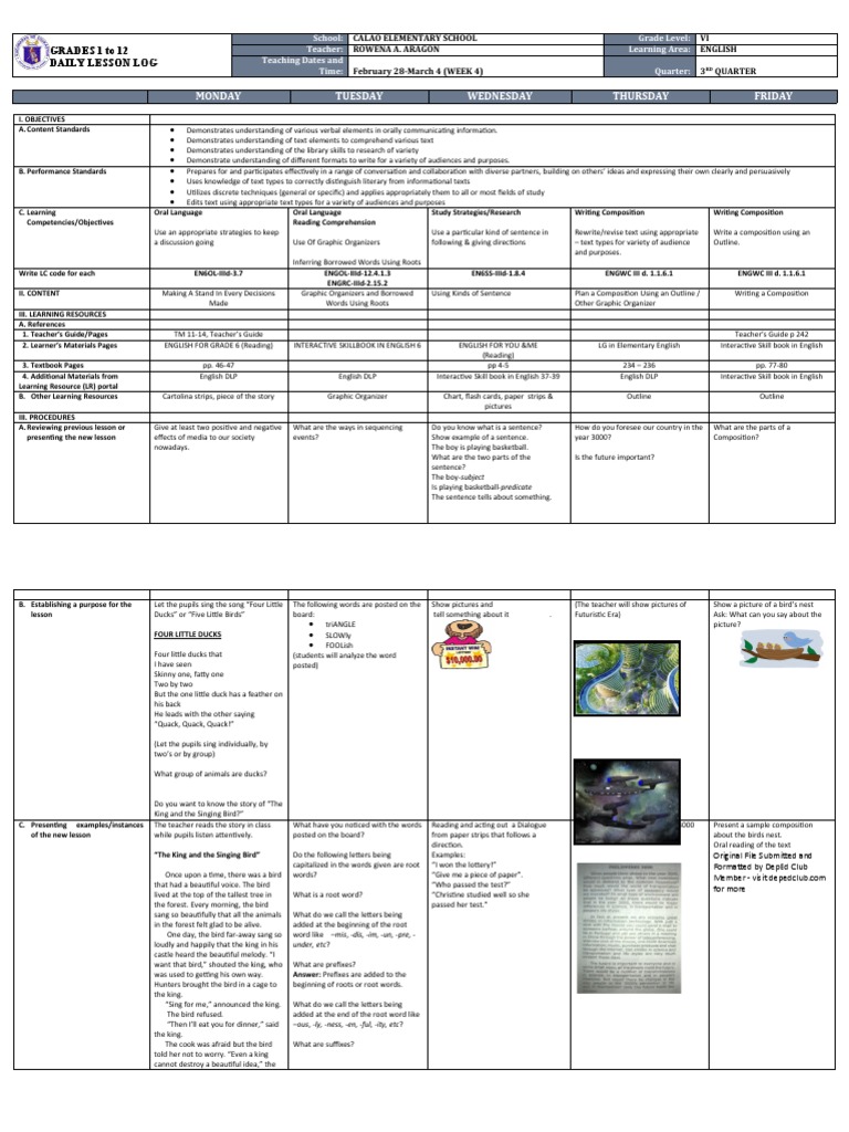 Monday Tuesday Wednesday Thursday Friday: GRADES 1 To 12 Daily Lesson ...