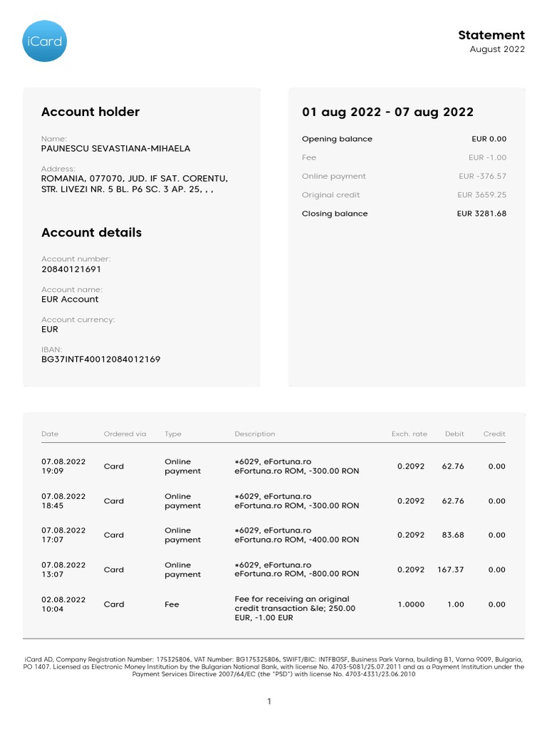 Icard Statement 08 2022 | PDF | Euro | Payments