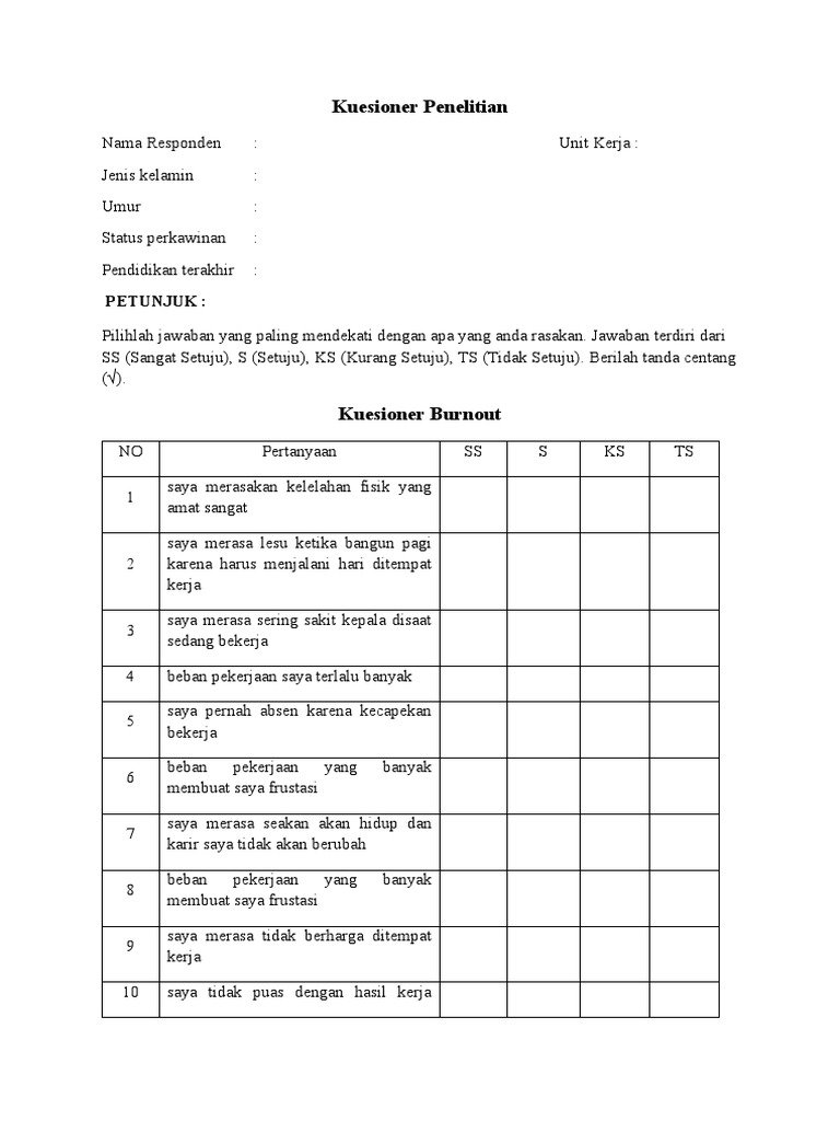 Kuesioner Beban Kerja dan Burnout | PDF | Seni & Disiplin Bahasa ...