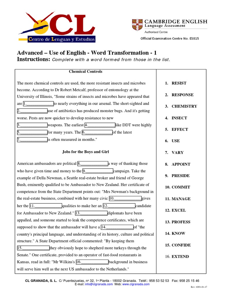 Advanced - Use of English - Word Transformation - 1 Instructions | PDF