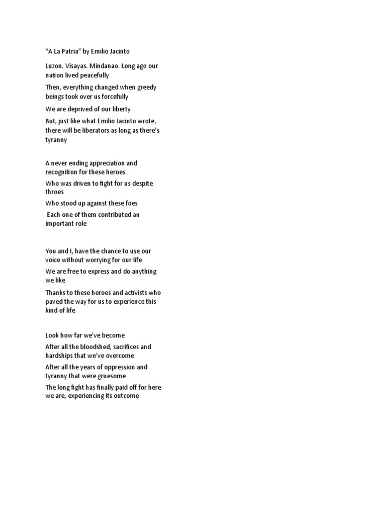Emilio Jacinto's "A La Patria" Poem | PDF | Social Science