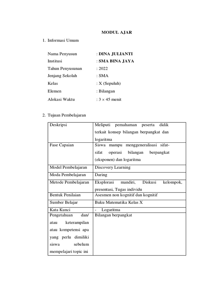 MODUL AJAR - MTK2 - X Logaritma | PDF