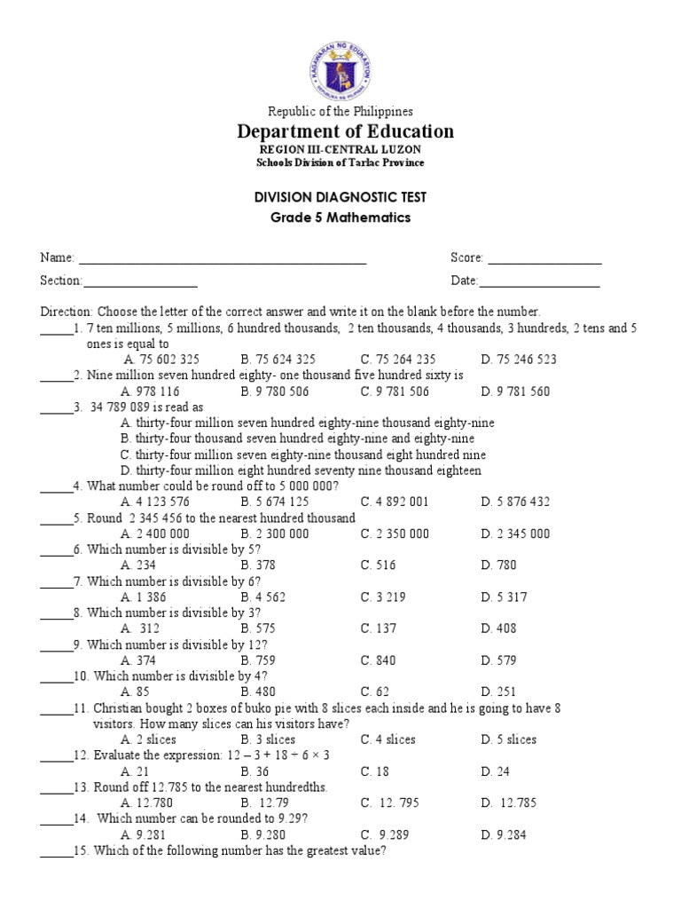 Department of Education: Division Diagnostic Test Grade 5 Mathematics ...
