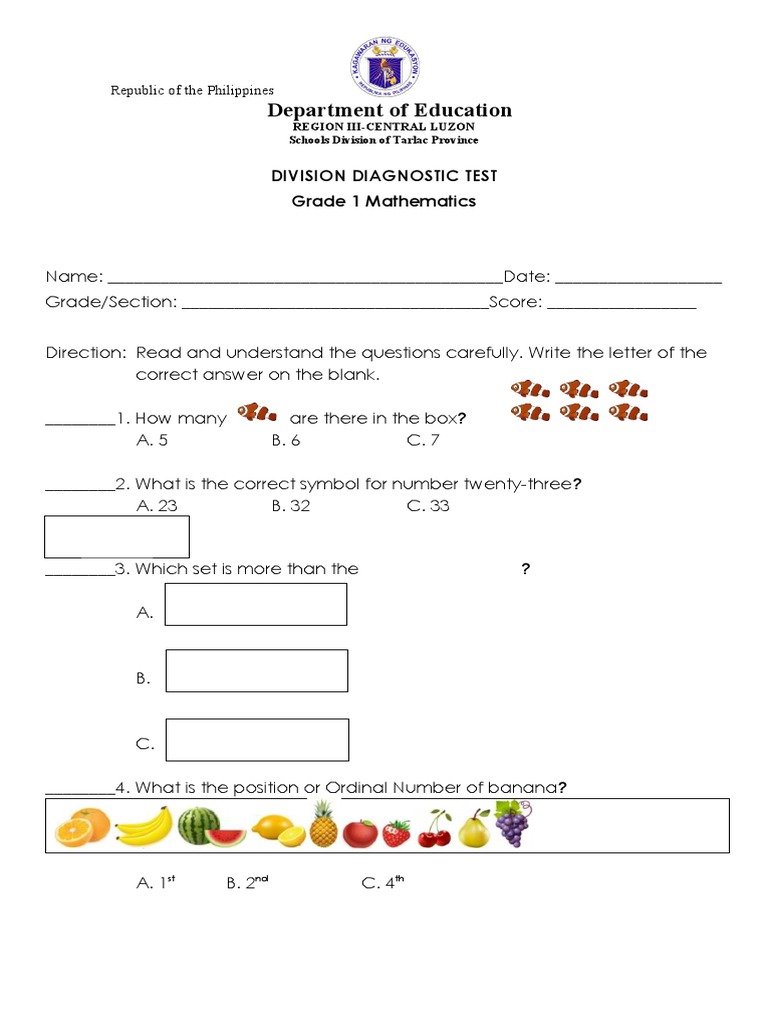 Department of Education: Division Diagnostic Test Grade 1 Mathematics ...