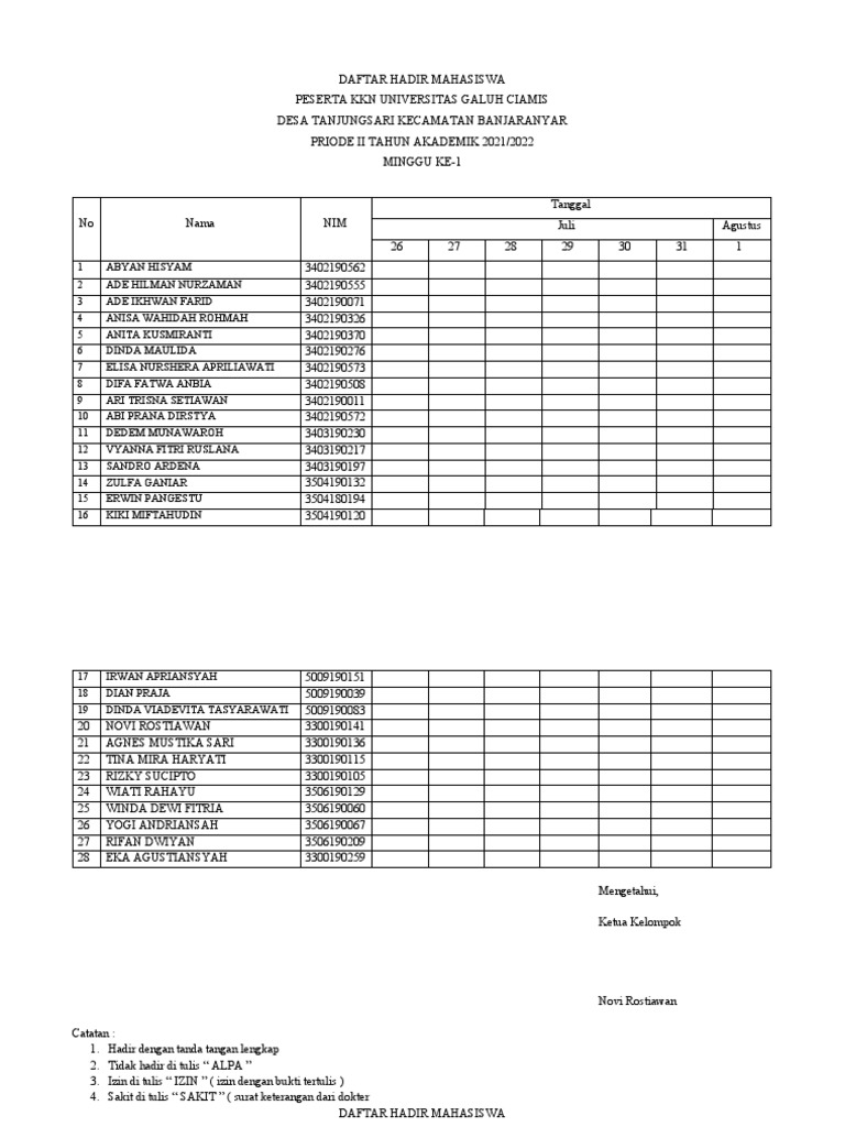 Daftar Hadir Mahasiswa KKN Fix Maksimal | PDF