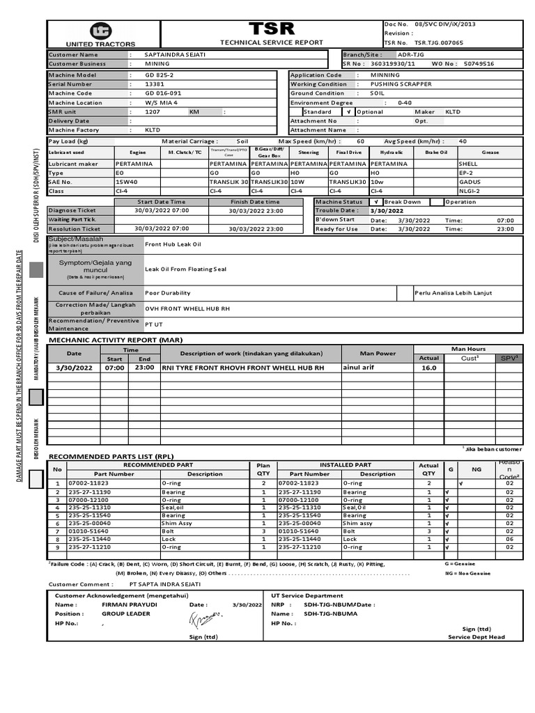 Technical Service Report: Mechanic Activity Report (Mar) | PDF ...