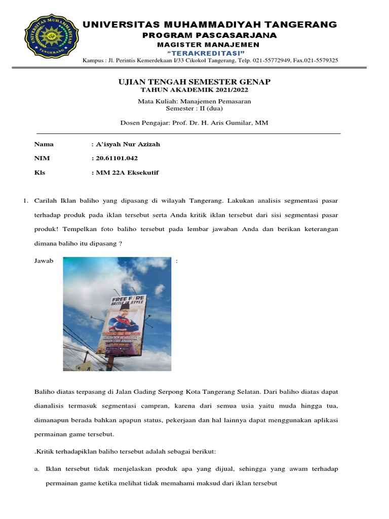 Uts Manajemen Pemasaran - A'isyah Nur Azizah | PDF