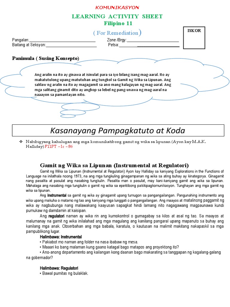 Kasanayang Pampagkatuto at Koda: Learning Activity Sheet Filipino 11 | PDF