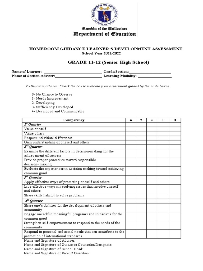 HOMEROOM-GUIDANCE-LEARNERS-DEVELOPMENT-ASSESSMENT-Grades-11-12-1 | PDF