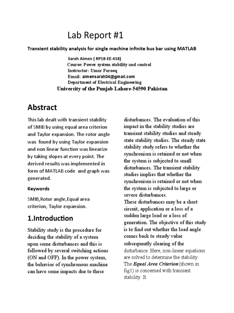 Lab Report #1: Transient Stability Analysis For Single Machine Infinite ... Lab Report #1: Transient Stability Analysis For Single Machine Infinite ...