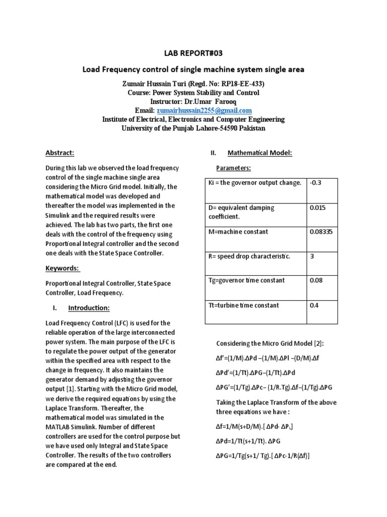 Lab Report#03 Load Frequency Control of Single Machine System Single Area | PDF | Electrical ...