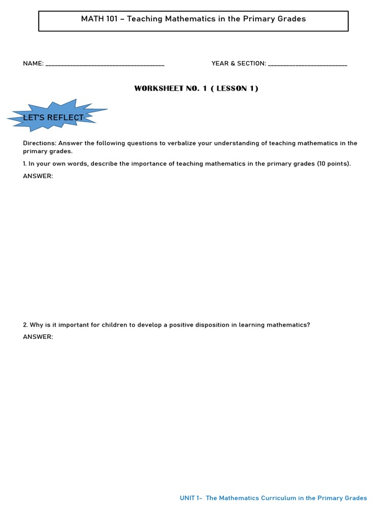 Math 101 Worksheet 1-3 | PDF | Curriculum | Mathematics