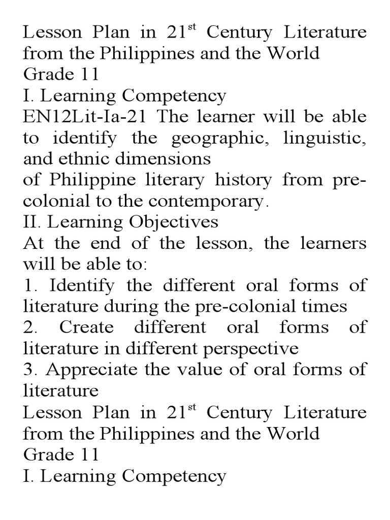 Lesson Plan in 21st Century Literature From The Philippines and The ...