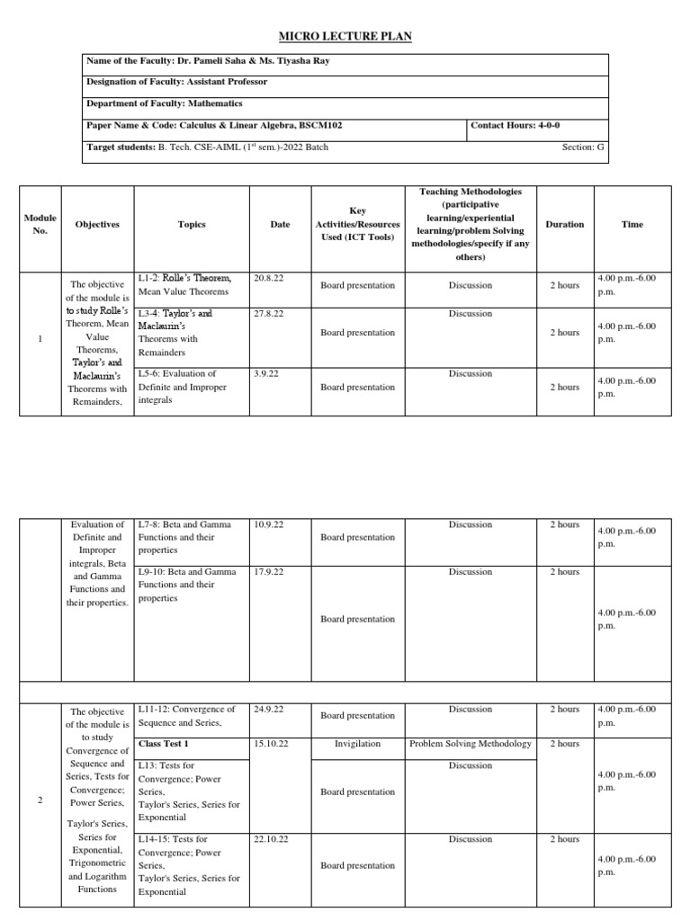 Micro Lecture Plan m102 G | PDF | Linear Map | Algebra