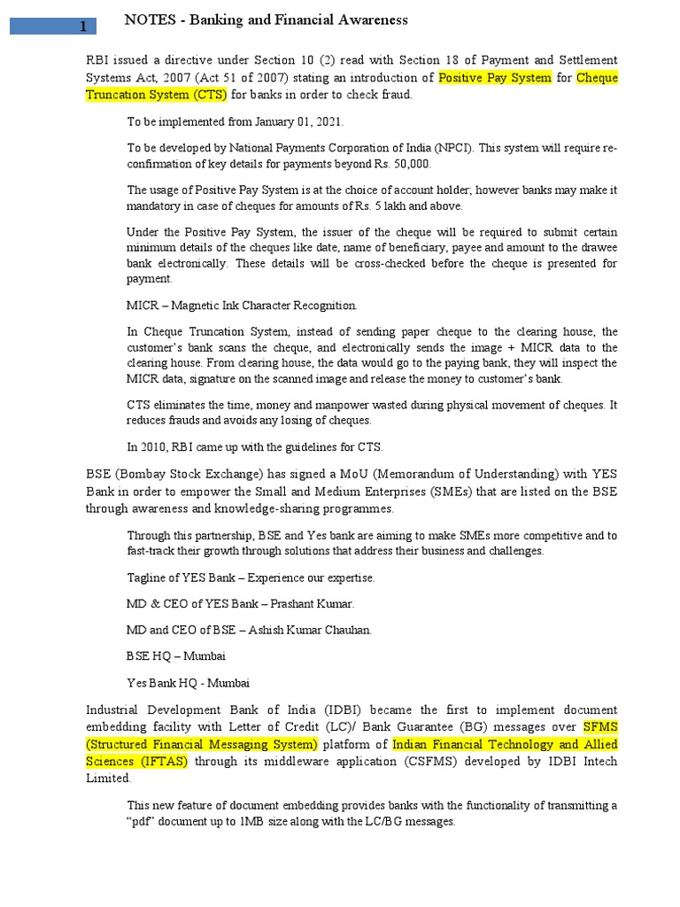 Banking and Financial Awareness Notes | PDF | Cheque | Reserve Bank Of ...