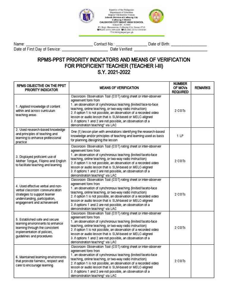 RPMS PPST 2022 Checklist | PDF | Teaching Method | Learning