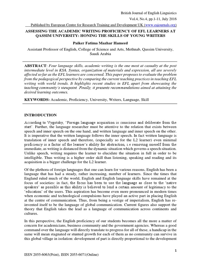 Assessing The Academic Writing Proficiency of EFL Learners at Qassim ...