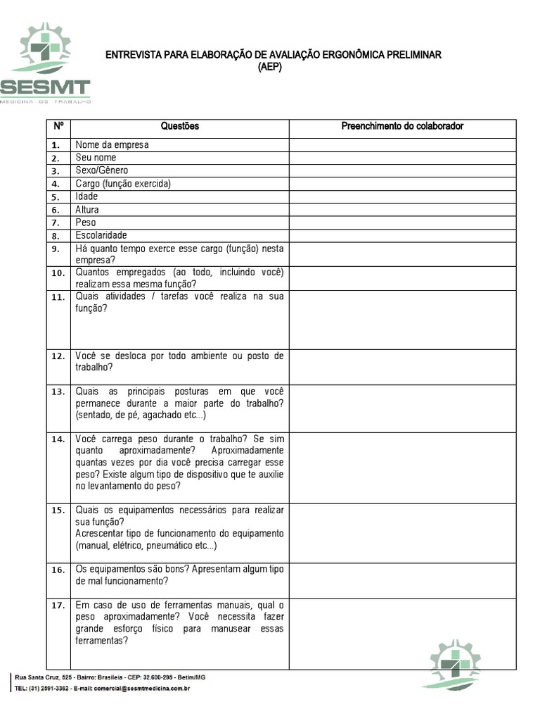 Check List para Aep (Avaliação Ergonômica Preliminar 2022) | PDF ...