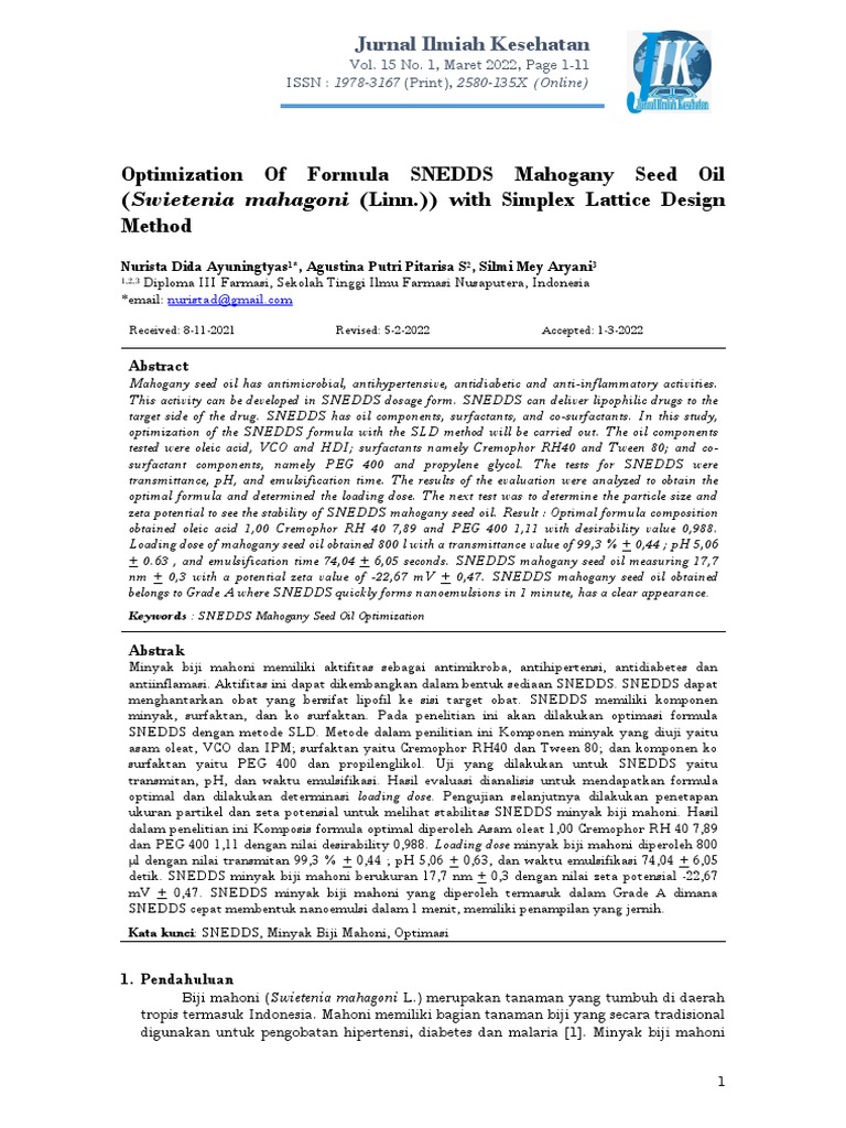 Optimization of Formula SNEDDS Mahogany Seed Oil (Swietenia Mahagoni (Linn.) ) With Simplex ...