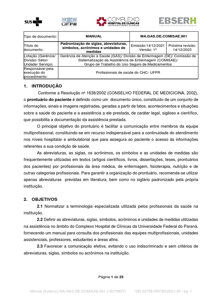 Manual Siglas Abreviaturas Símbolos Acrônimos Unidades Medidas CHC Ufpr ...