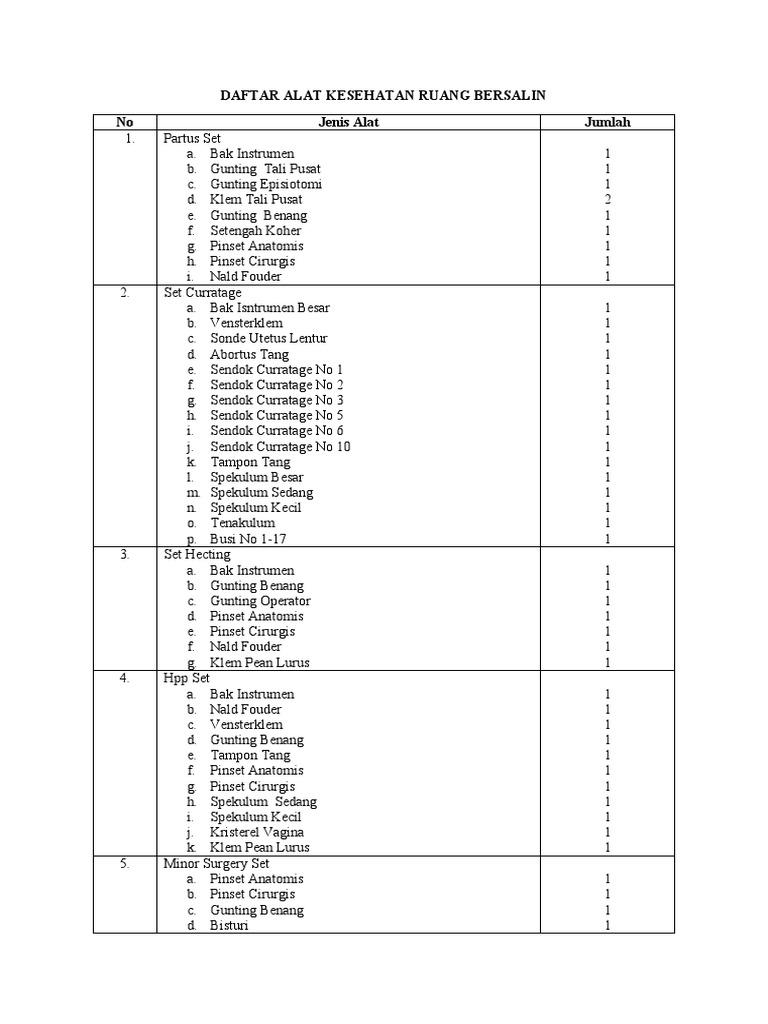 Daftar Alat Kesehatan Ruang Bersalin | PDF