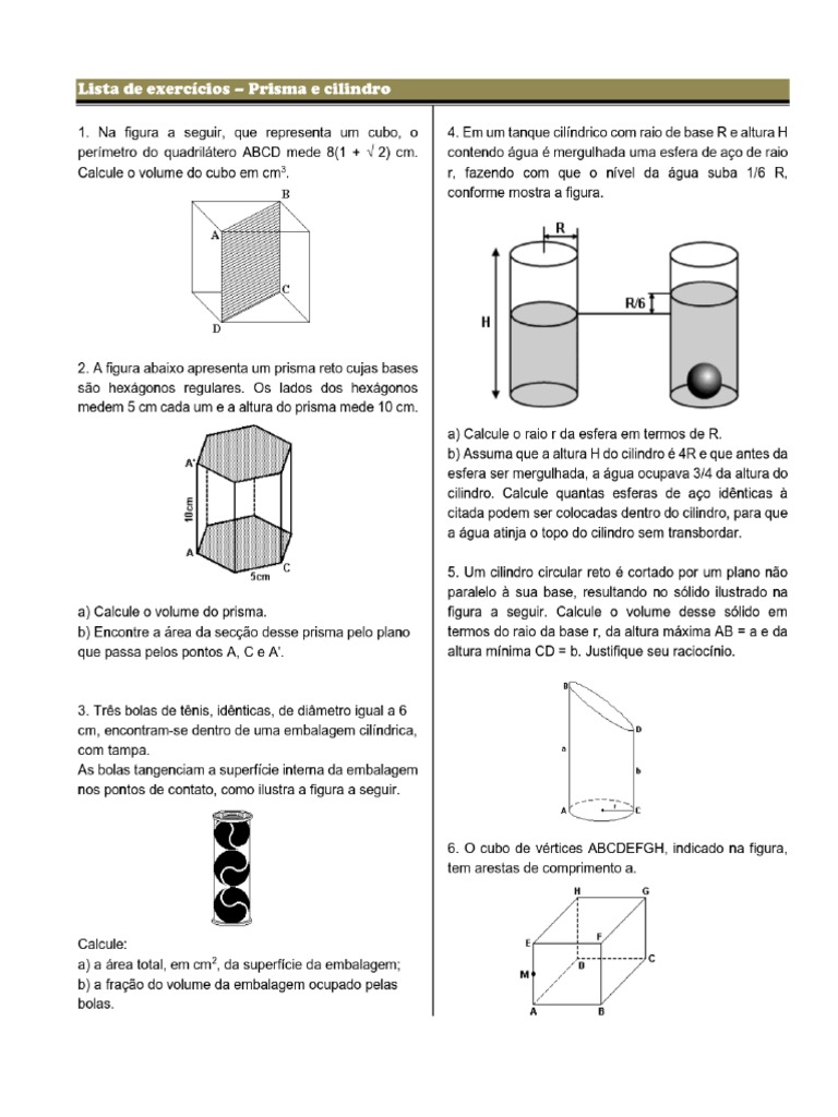 Lista de Exercícios - Prisma e Cilindro | PDF