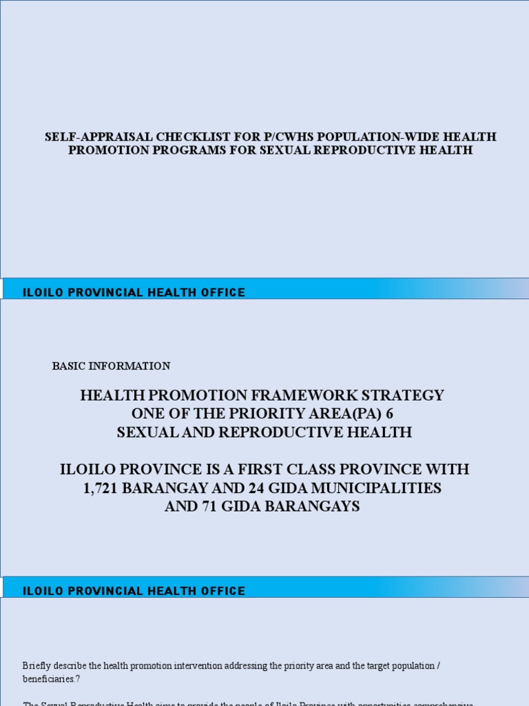 Self-Appraisal Checklist For P/Cwhs Population-Wide Health Promotion ...