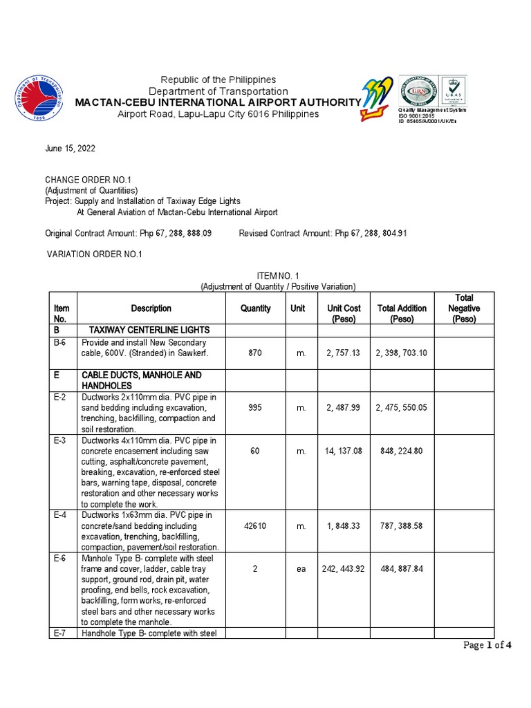 Change Order for Taxiway Lights Project | PDF | Duct (Flow ...