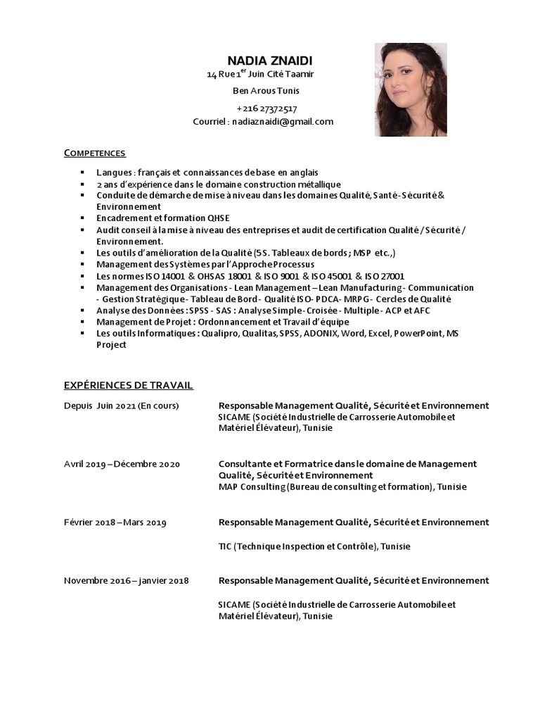 CV de Nadia Znaidi - Expert QSE | PDF | Management de la qualité | Sécurité