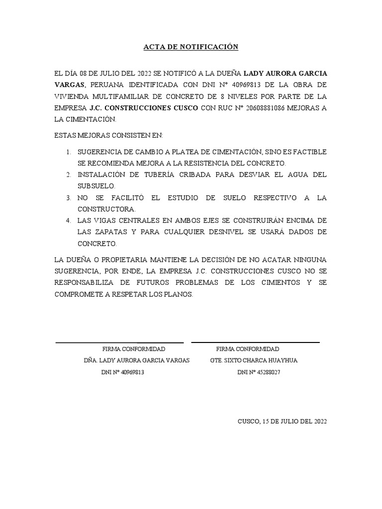Acta de Notificación | PDF Acta de Notificación | PDF