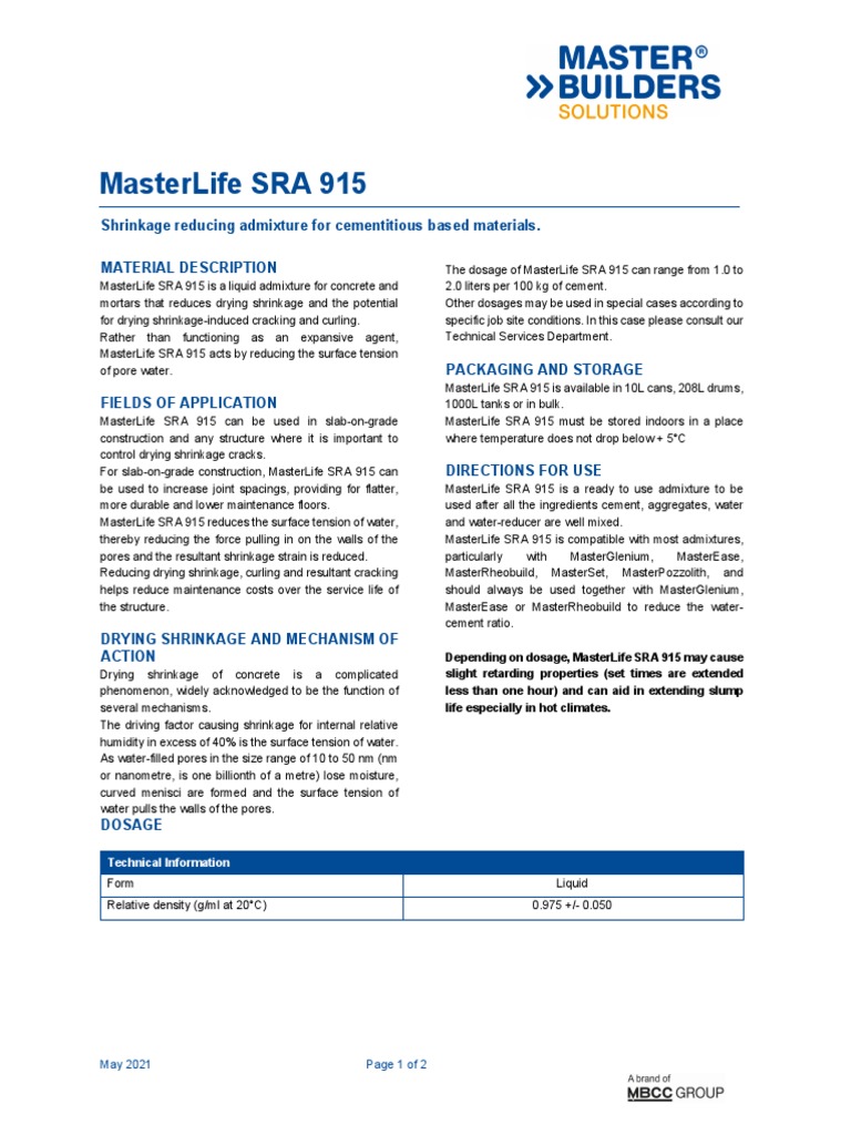 Masterlife Sra 915: Shrinkage Reducing Admixture For Cementitious Based ...