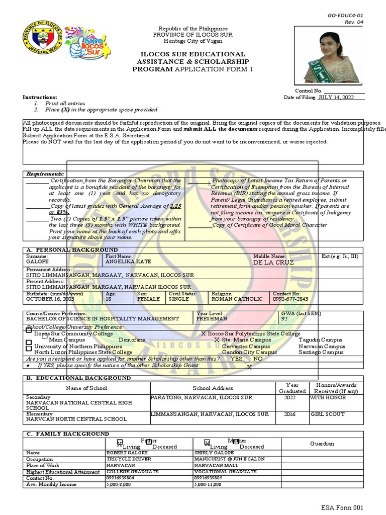 Ilocos Sur Educational Assistance & Scholarship Program Application Form 1 | PDF | Government