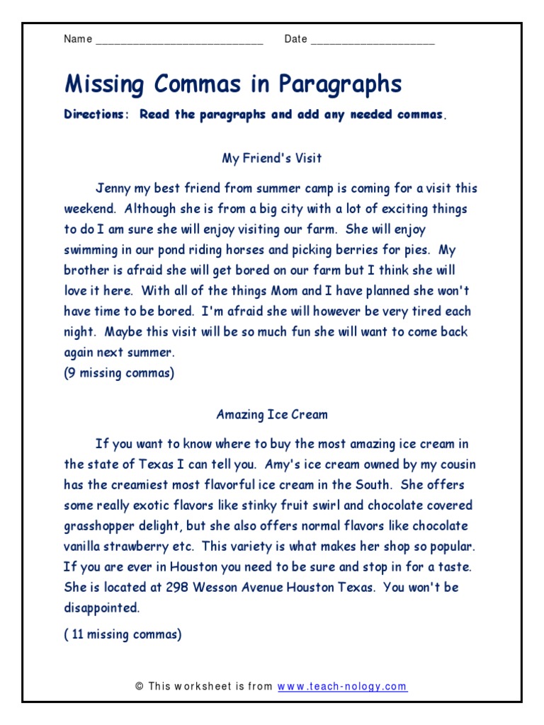 Missing Commas in Paragraphs: Directions: Read The Paragraphs and Add ...