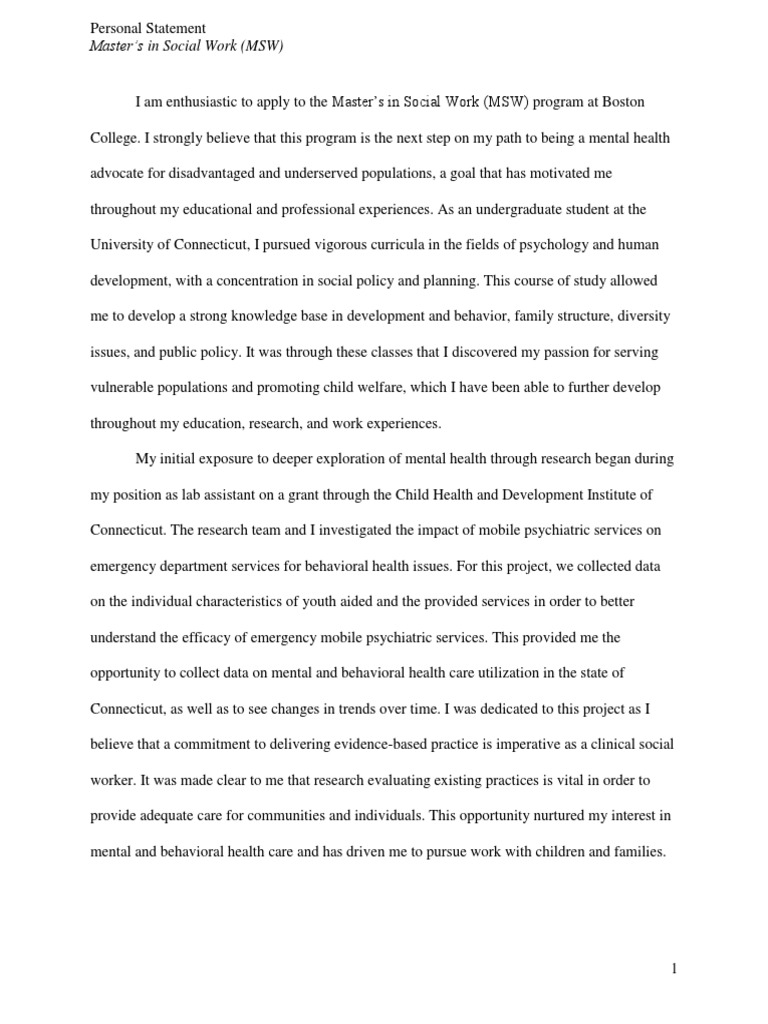 MSW Personal Statement Sample | PDF | Social Work | Mental Health