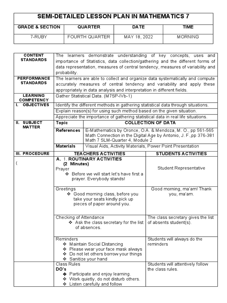 Semi-Detailed Lesson Plan in Mathematics 7: Grade & Section Quarter ...