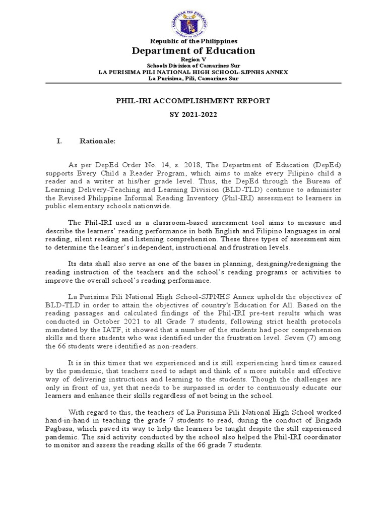 Department of Education: Phil-Iri Accomplishment Report SY 2021-2022 ...