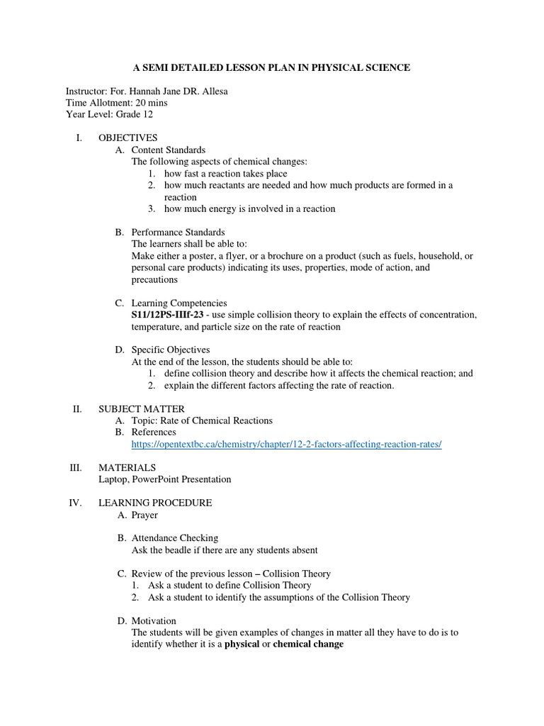 A Semi Detailed Lesson Plan in Physical Science | PDF | Reaction Rate ...