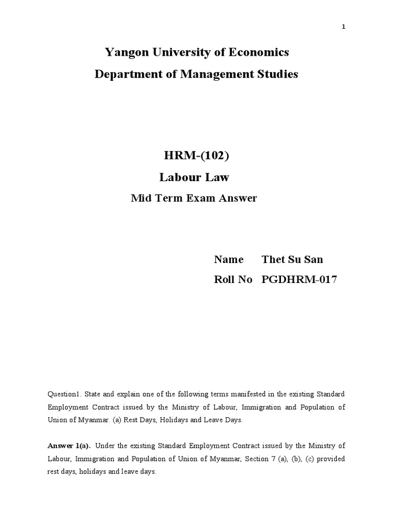 Labor Law Mid Term Answer | PDF | Employment | Sick Leave