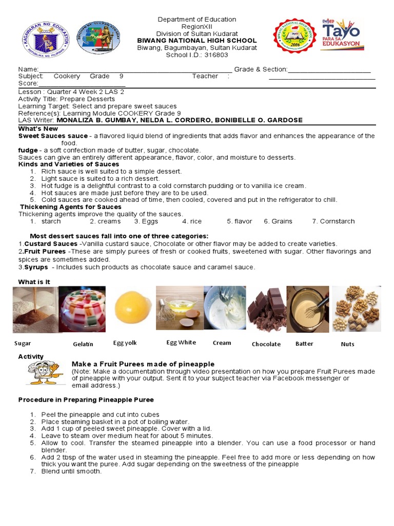 LAS Cookery Grade 9. | PDF | Desserts | Sauce