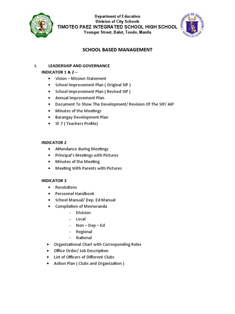 School Based Management: Timoteo Paez Integrated School High School | PDF