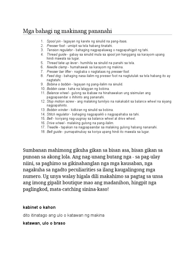 Mga Bahagi NG Makinang Pananahi | PDF