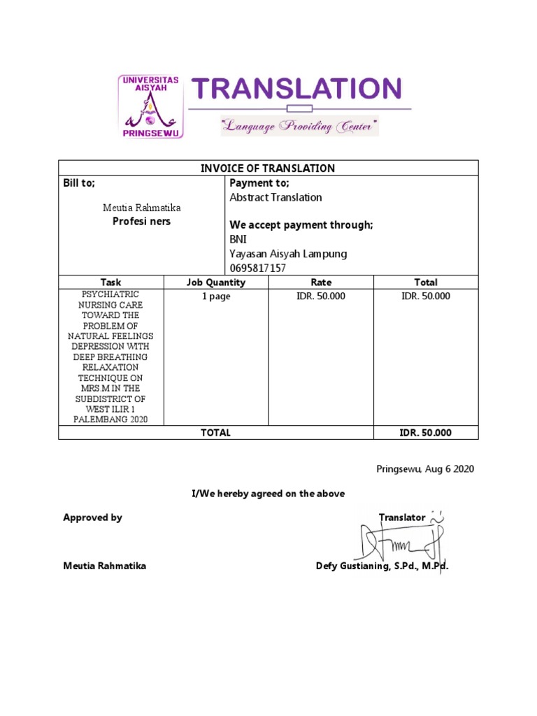Invoice of Translation Bill To Profesi Ners Payment To : Meutia ...