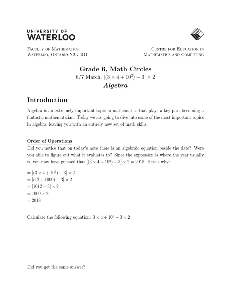 Grade 6, Math Circles Algebra: 6/7 March, ( (3 × 4 + 10) 3) × 2 | PDF ...