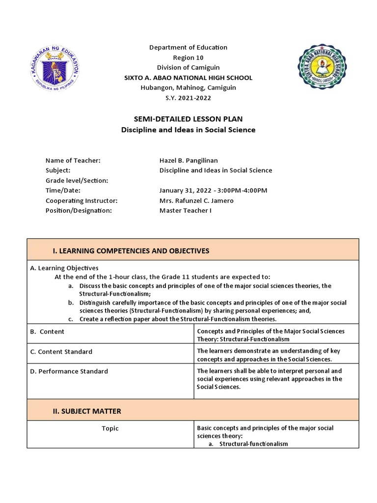 Semi-Detailed Lesson Plan Discipline and Ideas in Social Science ...
