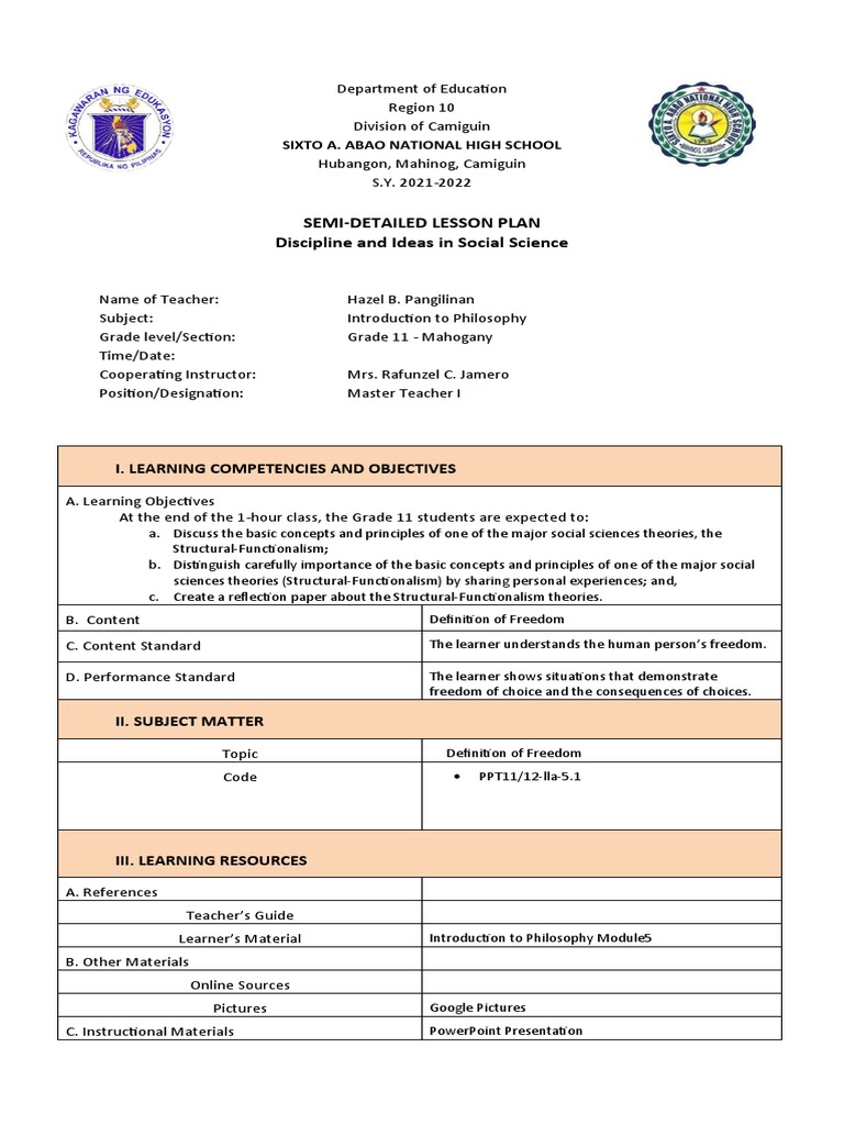 Semi-Detailed Lesson Plan Discipline and Ideas in Social Science | PDF ...