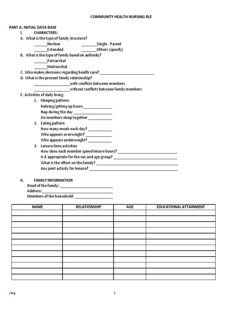 Family Nursing Initial Data Assessment | PDF | Health Care | Health ...